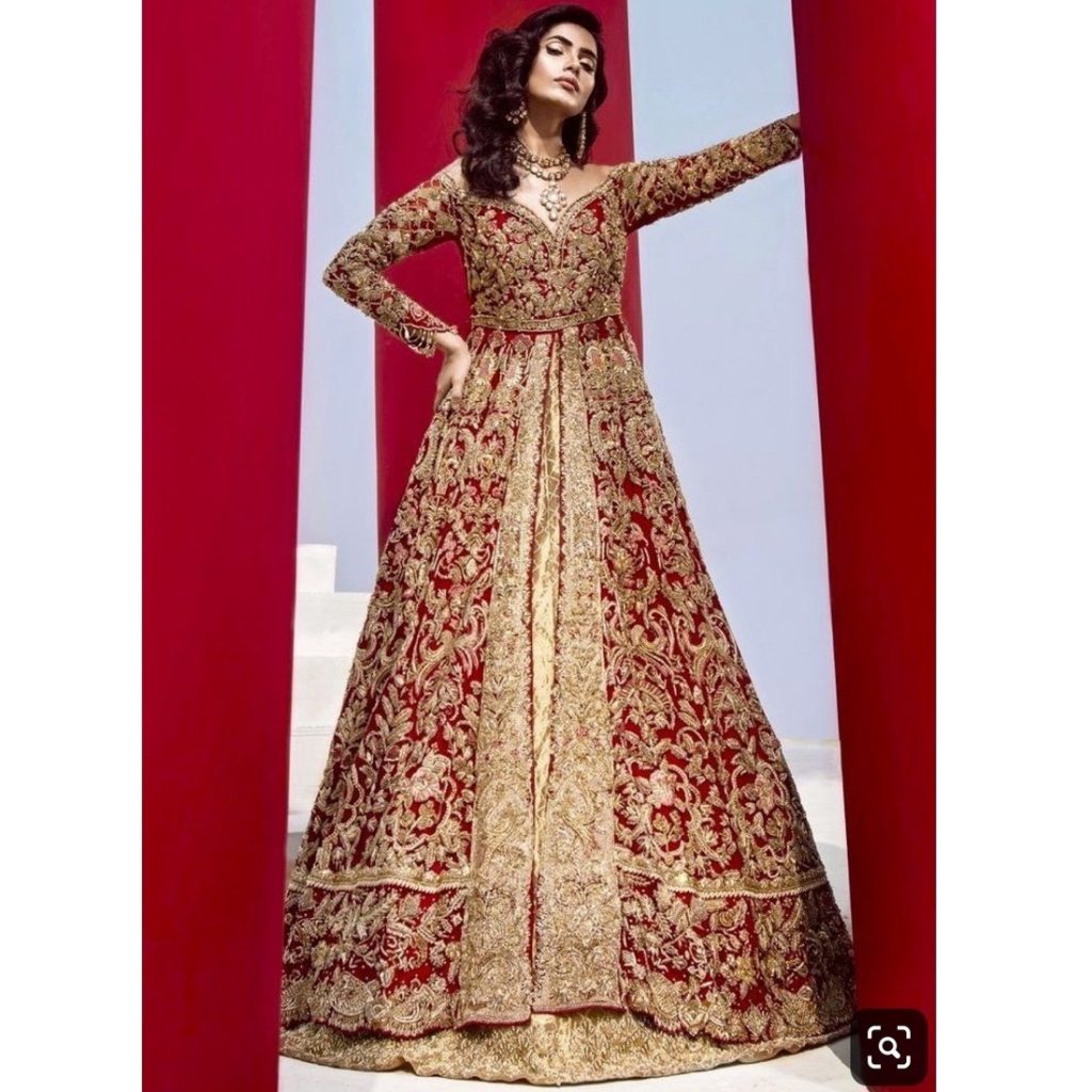 Maroon Golden Pakistani Bridal Gown 608 - Pakistan Bridal Dresses