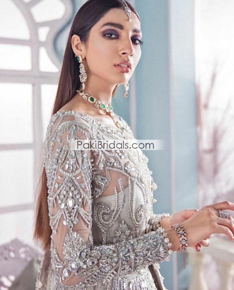Silver Bridal Maxi Pakistani Dress 813 - Pakistan Bridal Dresses